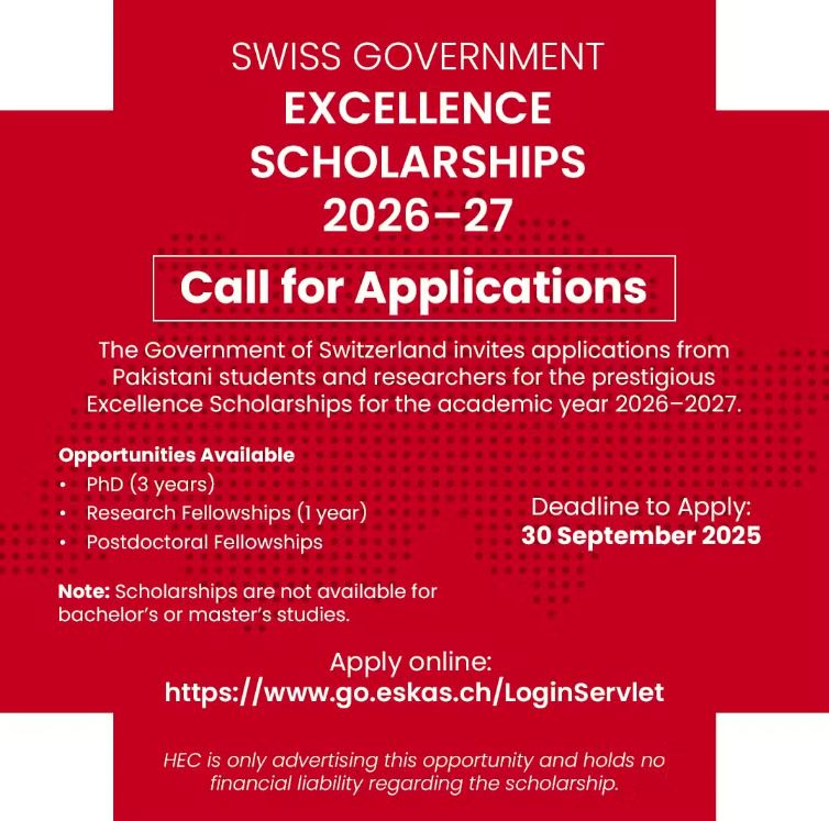 Swiss Government Excellence Scholarships 2026-2027 Open for Pakistani Students: Apply Now